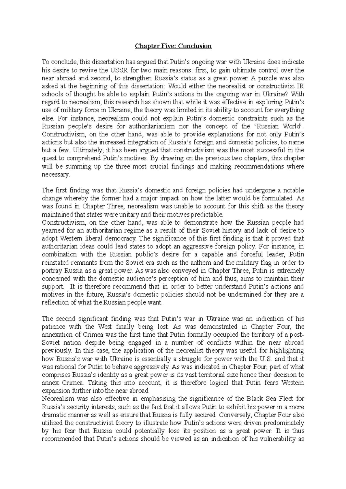 Chapter Five - Grade: A - Chapter Five: Conclusion To conclude, this ...