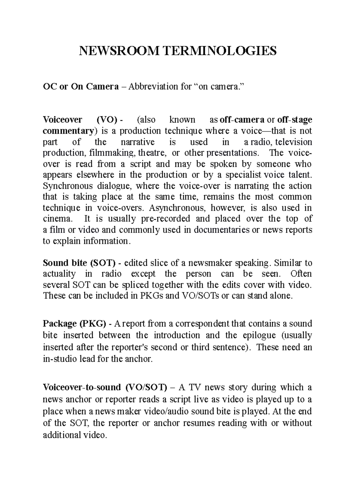 Newsroom Terminologies - NEWSROOM TERMINOLOGIES OC or On Camera ...