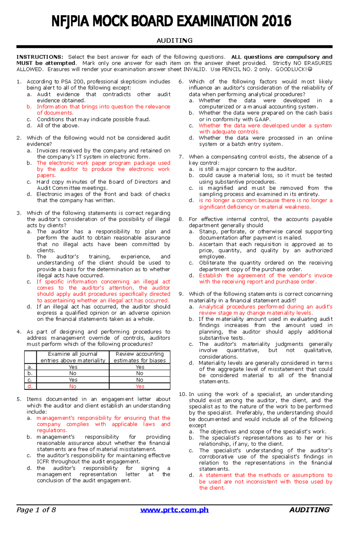 Auditing File 2016 - practice set - AUDITING INSTRUCTIONS: Select the ...