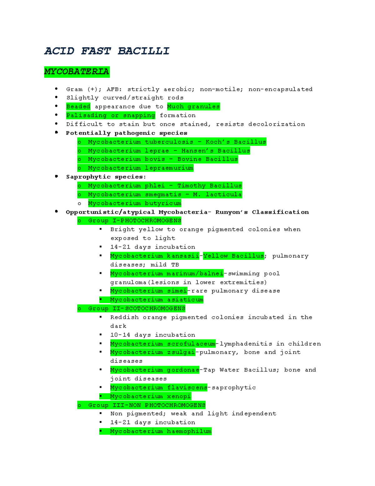 6 - Notes - ACID FAST BACILLI MYCOBATERIA Gram (+); AFB: strictly ...