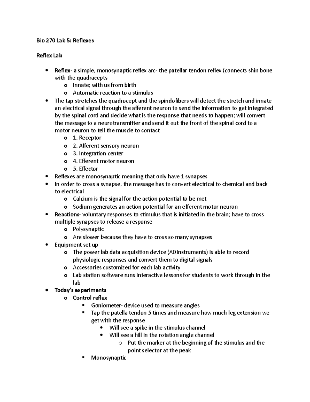 Bio 270 lab 5 notes - dr. hynde - Bio 270 Lab 5: Reflexes Reflex Lab ...