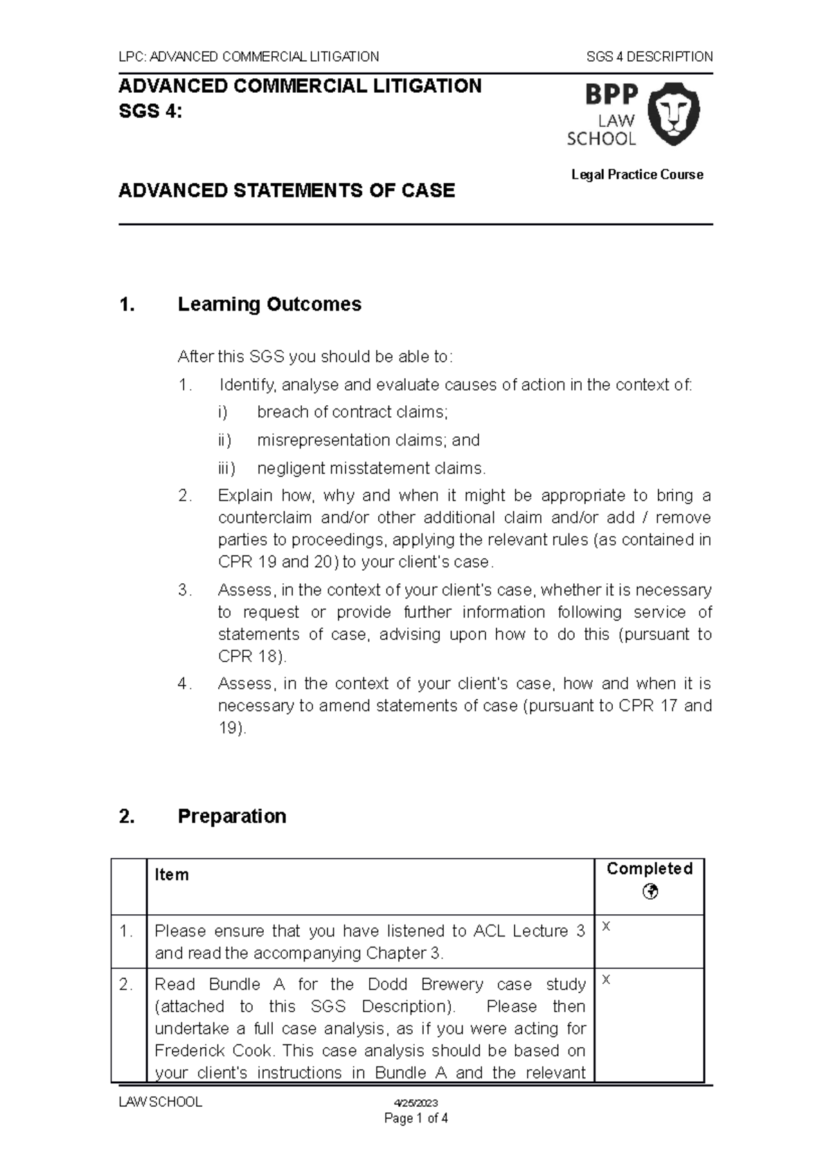 ACL SGS 4 Description 22-23 - LPC: ADVANCED COMMERCIAL LITIGATION SGS 4 ...