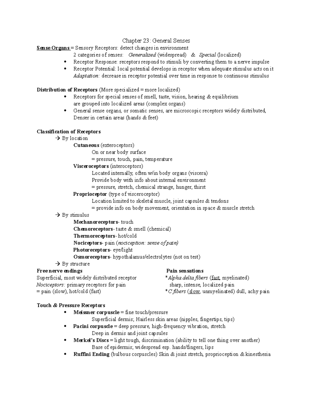 Final AP - AP LECTURE NOTES - Chapter 23: General Senses Sense Organs ...