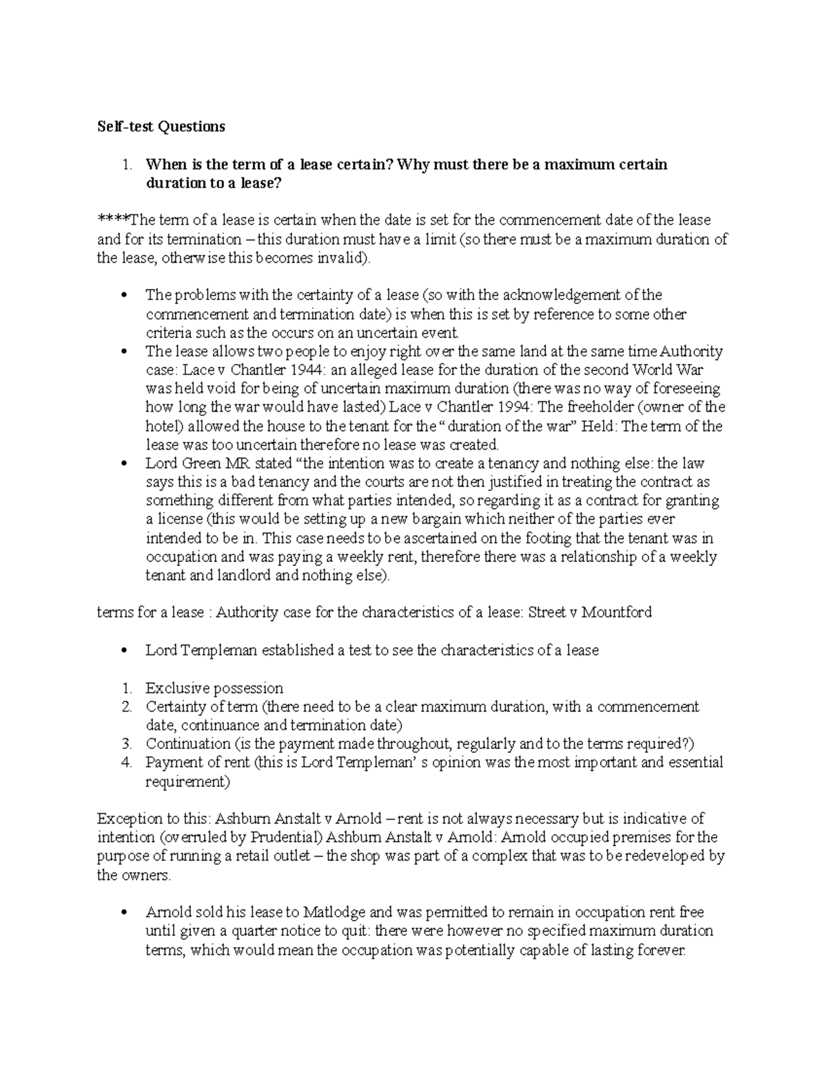 Land law tutorial 5 - Self-test Questions When is the term of a lease ...