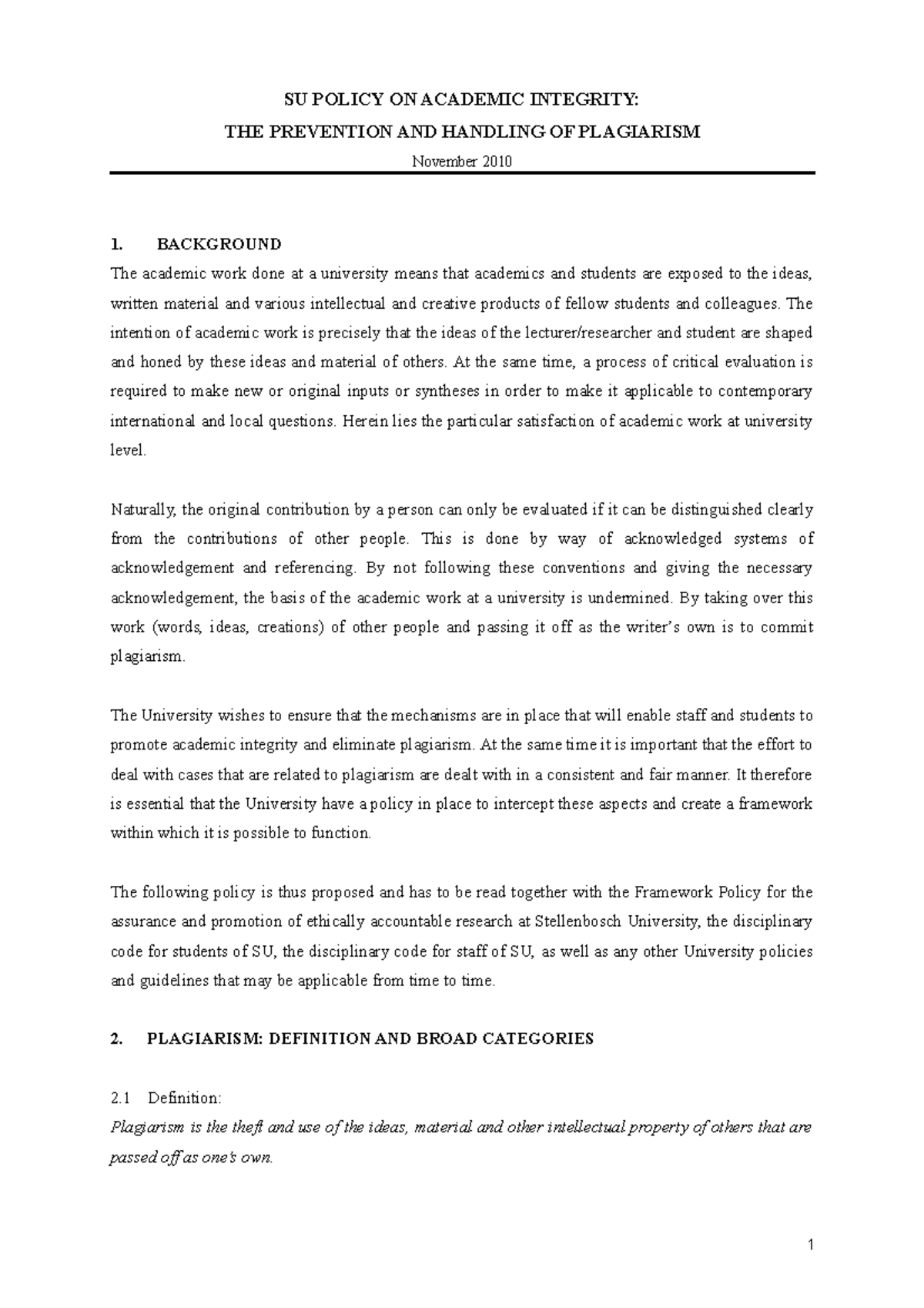Plagiarism declaration - SU POLICY ON ACADEMIC INTEGRITY: THE ...