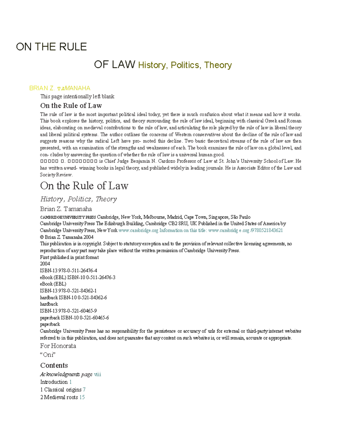Article on Brian Tamanaha - ON THE RULE OF LAW History , Politics ...