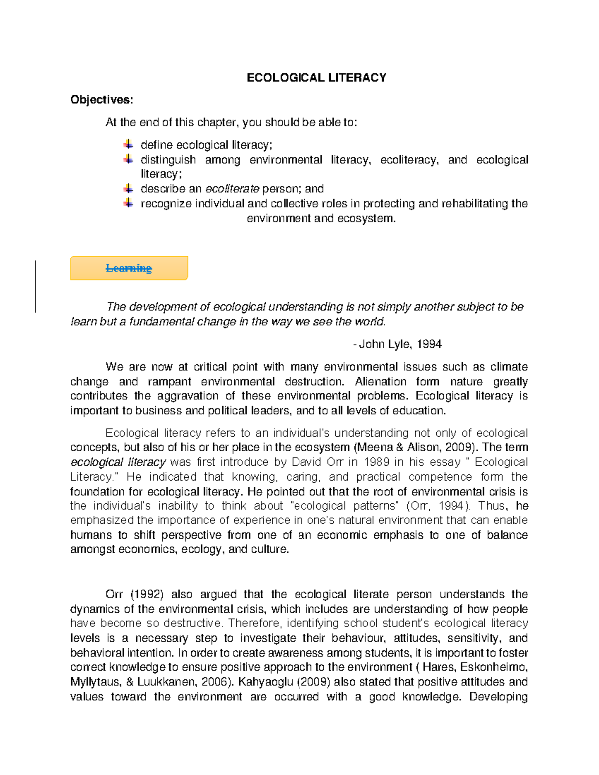 Ecological- Literacy - ... - ECOLOGICAL LITERACY Objectives: At the end ...