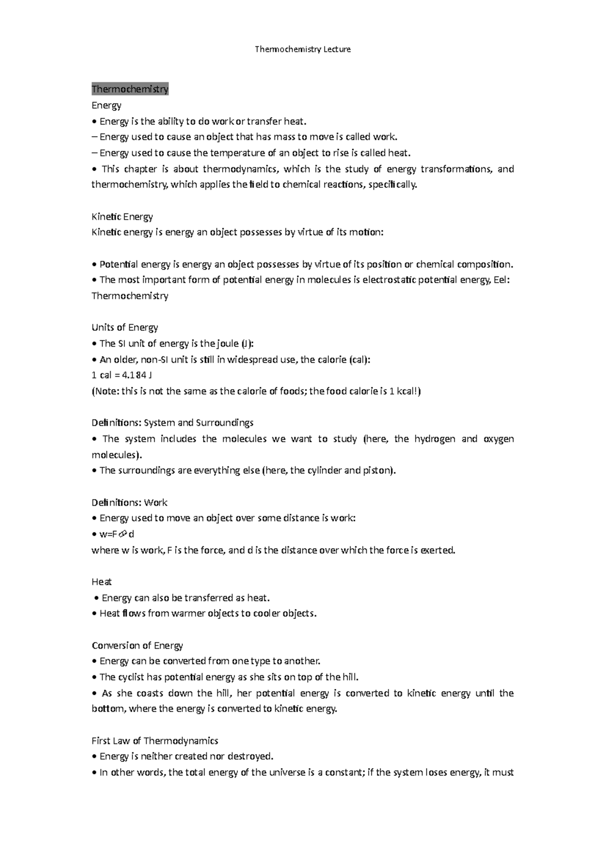 Thermochemistry Lecture Notes - Thermochemistry Lecture Thermochemistry ...