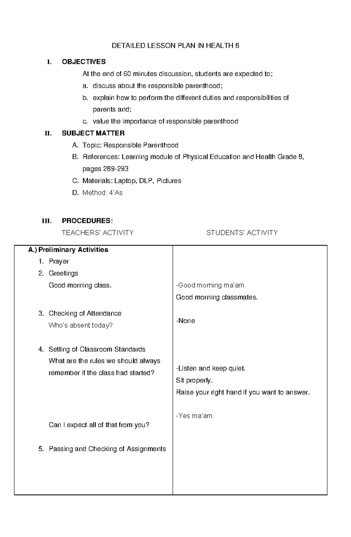 Toaz - thank you - DETAILED LESSON PLAN IN HEALTH 8 I. OBJECTIVES At ...