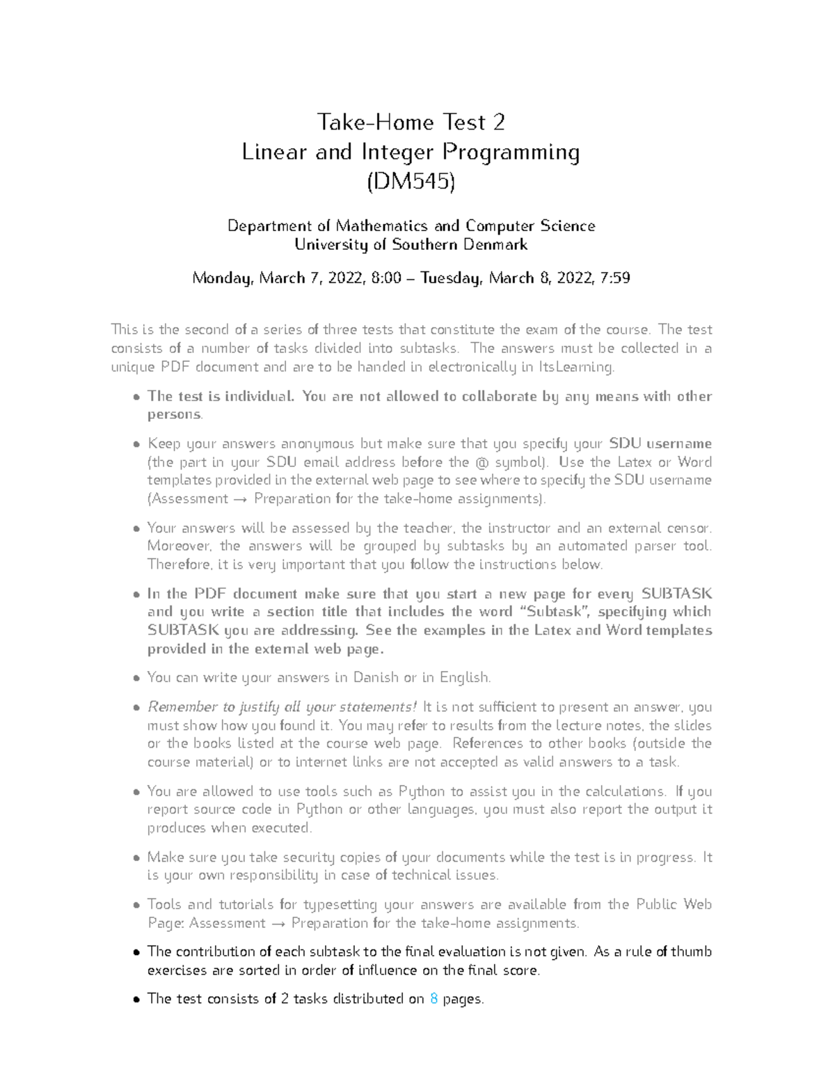 Exam 2 sol - Solution to the 2 assigment - Take-Home Test 2 Linear and ...