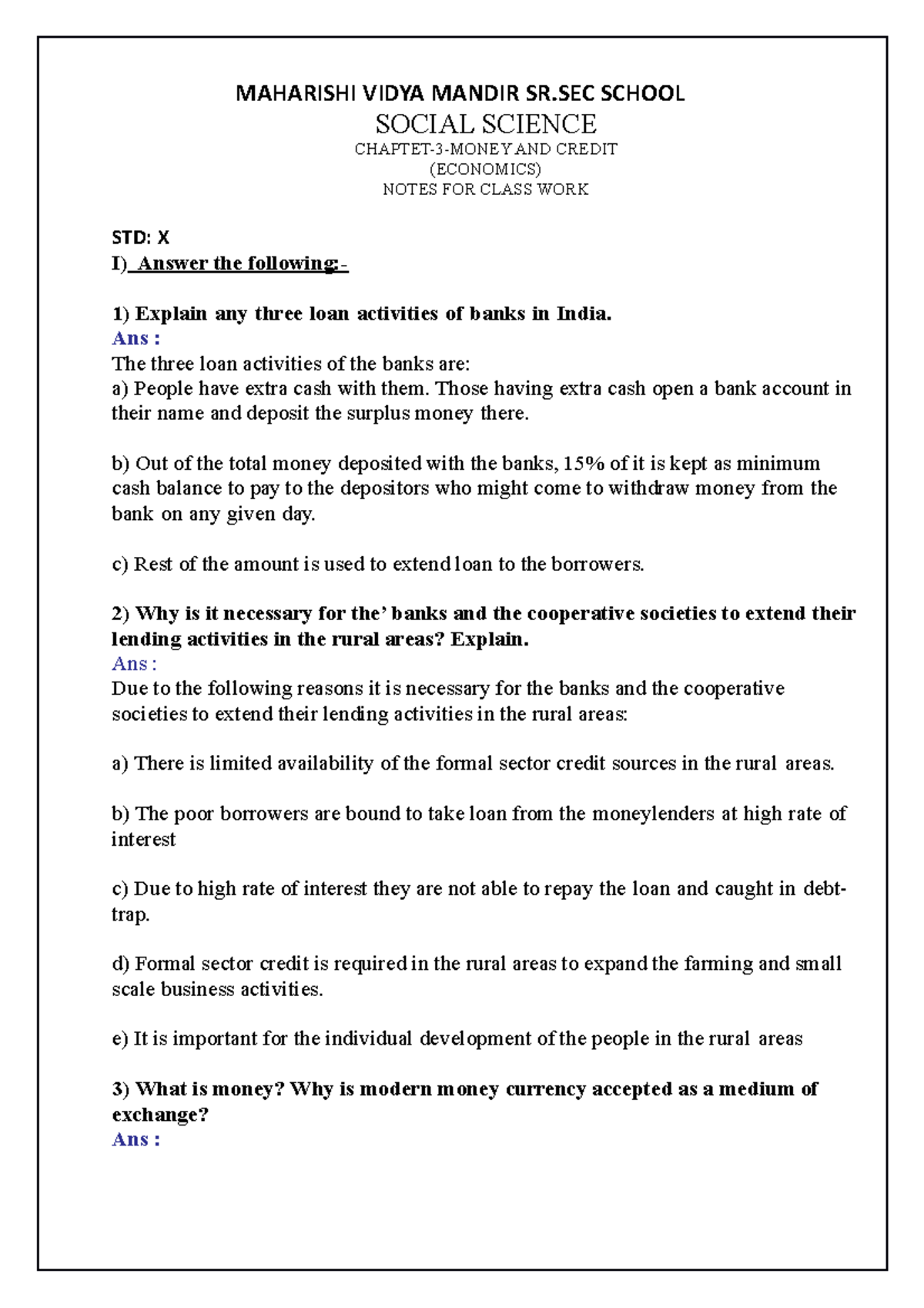 CBSE Class X Economics Class Notes Money AND Credit - MAHARISHI VIDYA ...