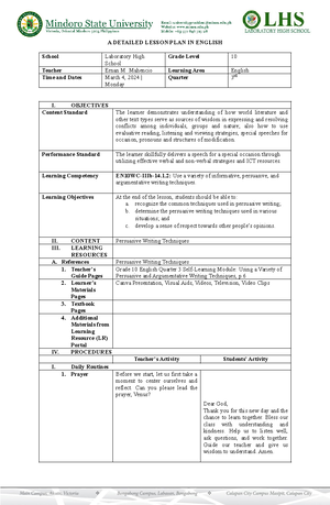 Critique - this is a detailed lesson plan - A DETAILED LESSON PLAN IN ...