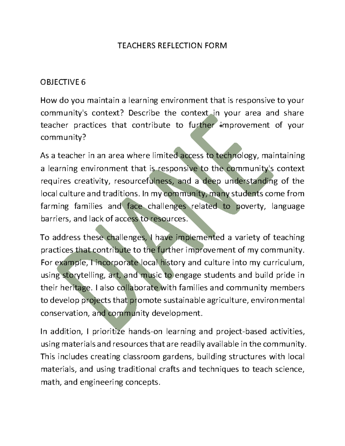 TRF Rural Area Teachers 4 - TEACHERS REFLECTION FORM OBJECTIVE 6 How do ...