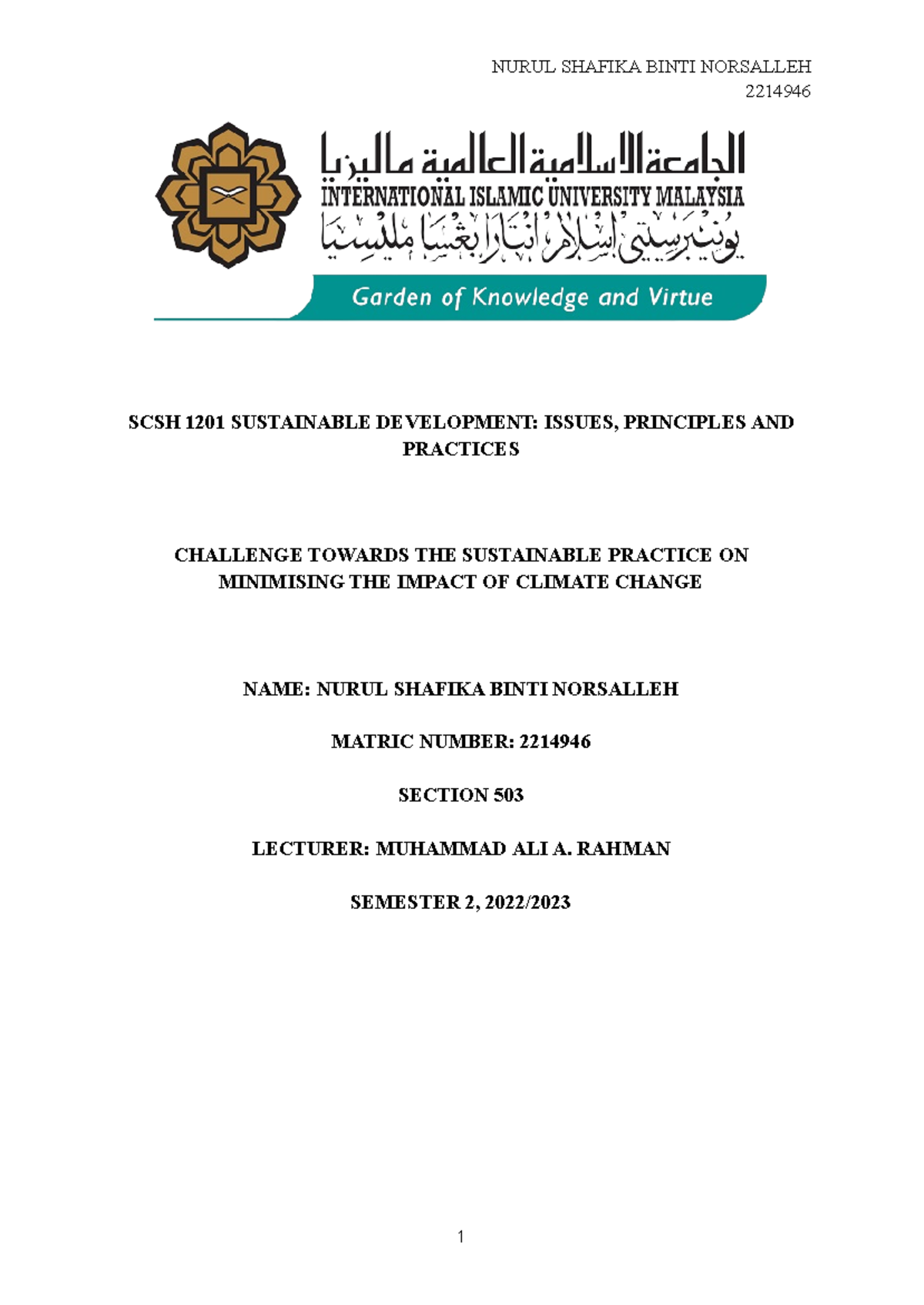 SCSH 1201 Individual Paper - 2214946 SCSH 1201 SUSTAINABLE DEVELOPMENT ...