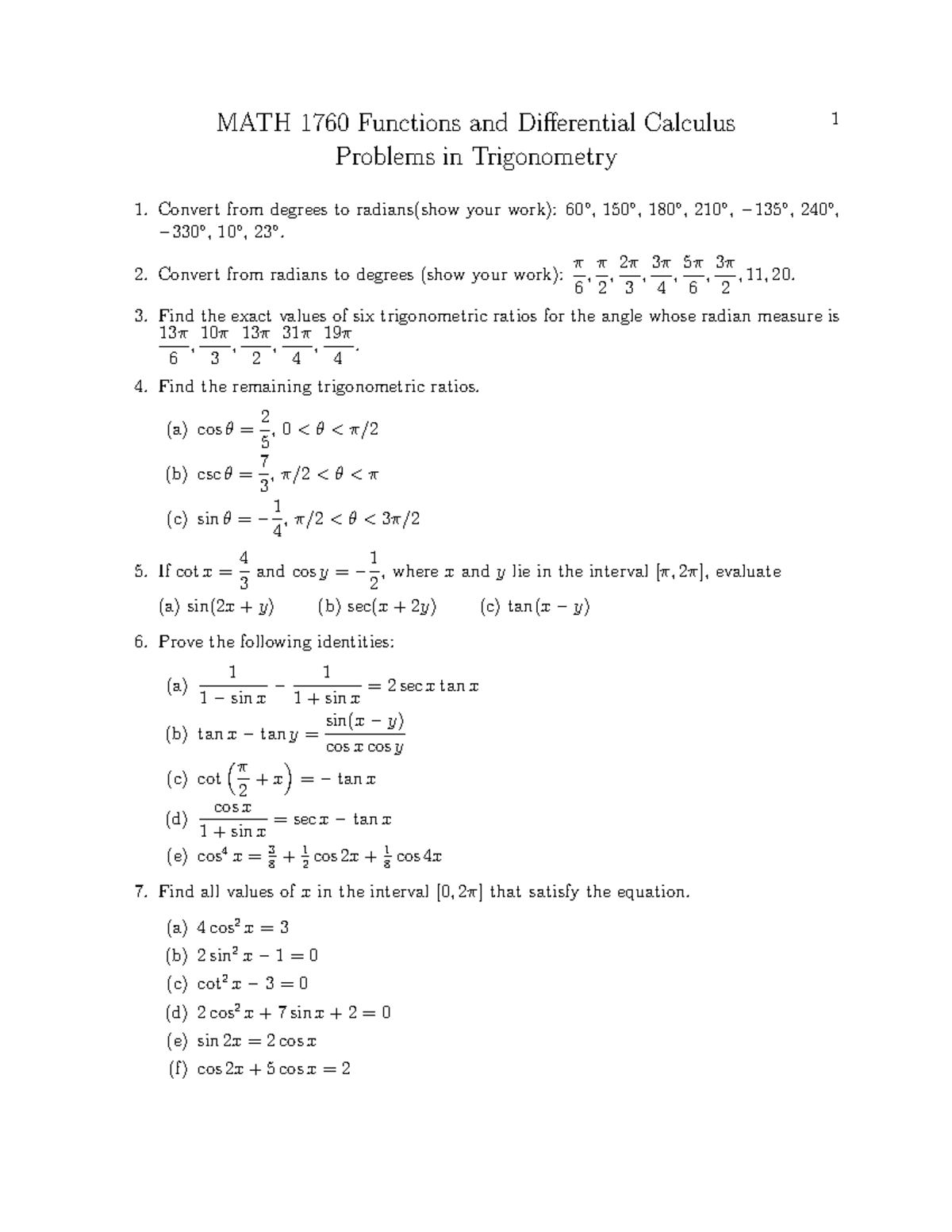 Trigonometry Practice Problems - MATH 1760 Functions and Differential ...