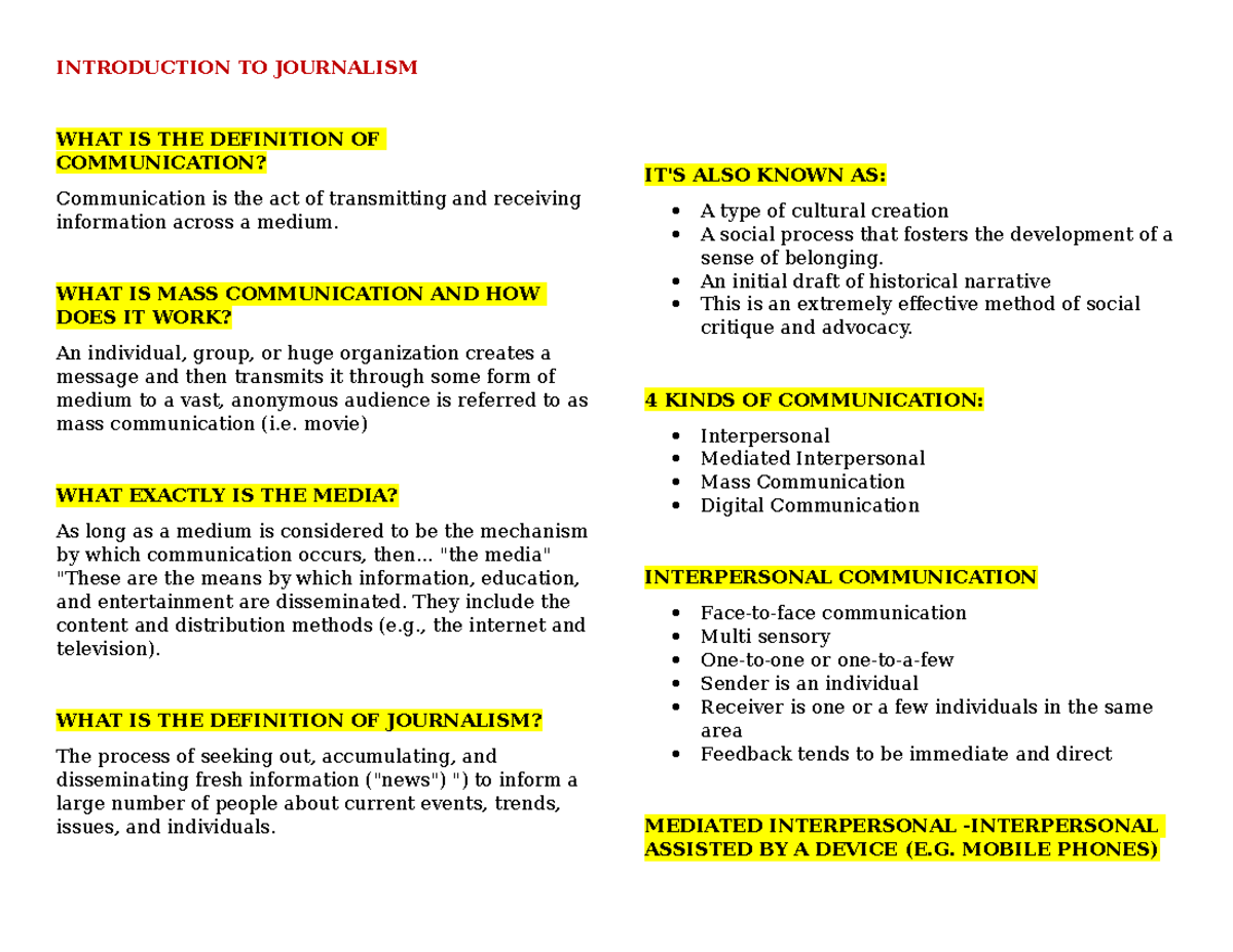 Introduction to Journalism - AB Journalism - Studocu