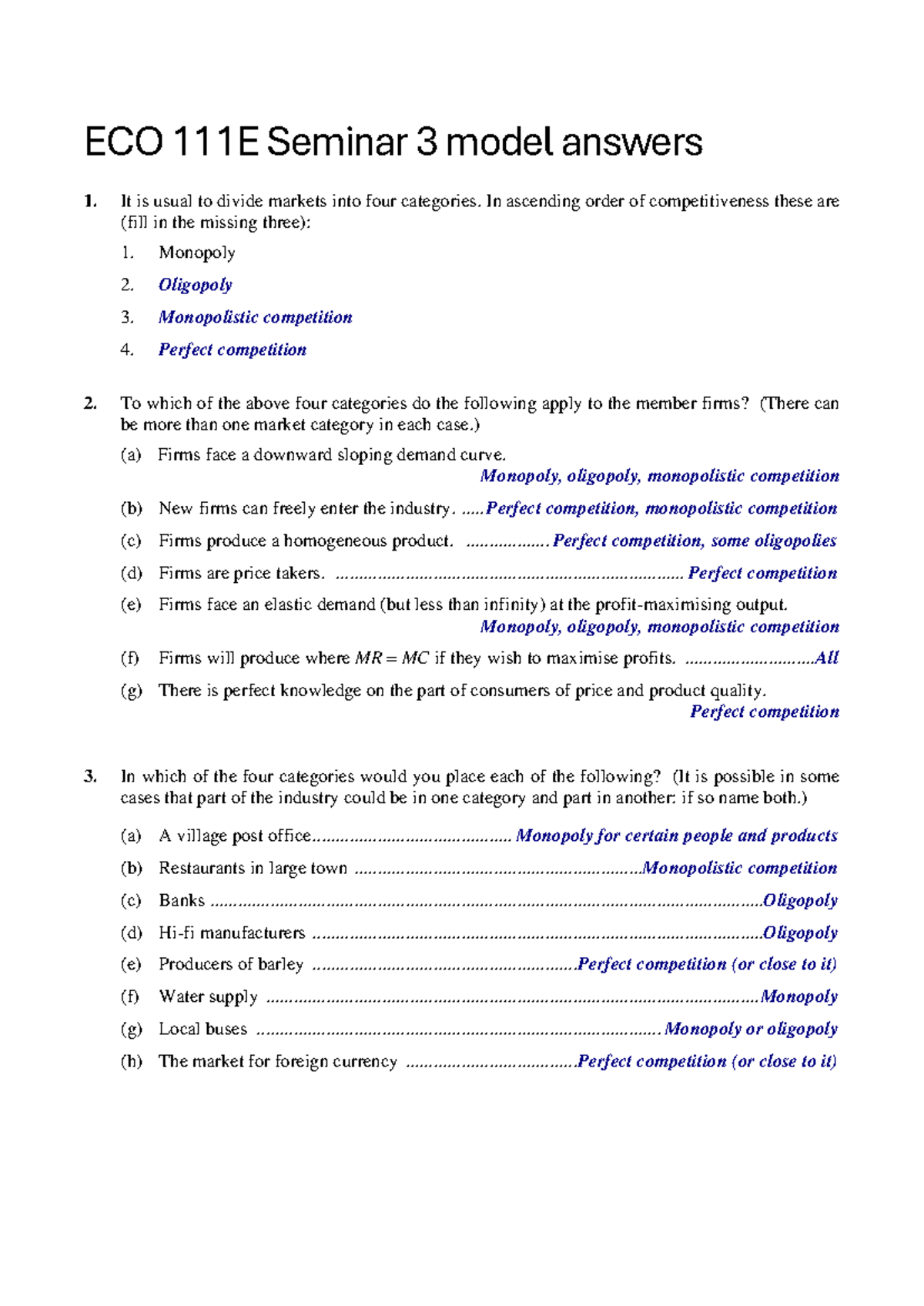 Answers seminar 3 Market Structures answers - ECO 111E Seminar 3 model ...