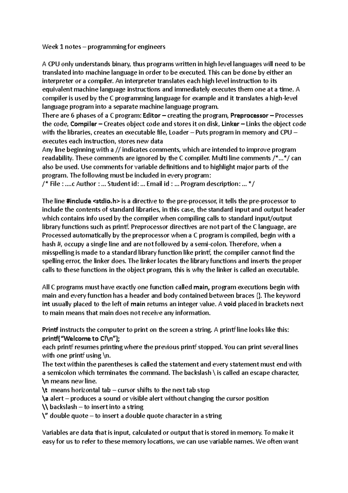 Week 1 notes – programming for engineers - Week 1 notes – programming ...