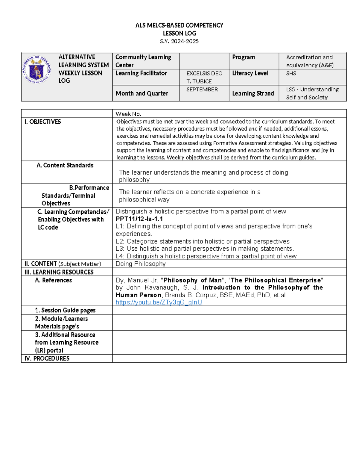ALS-DLL - n/a - ALS MELCS-BASED COMPETENCY LESSON LOG S. 2024 ...