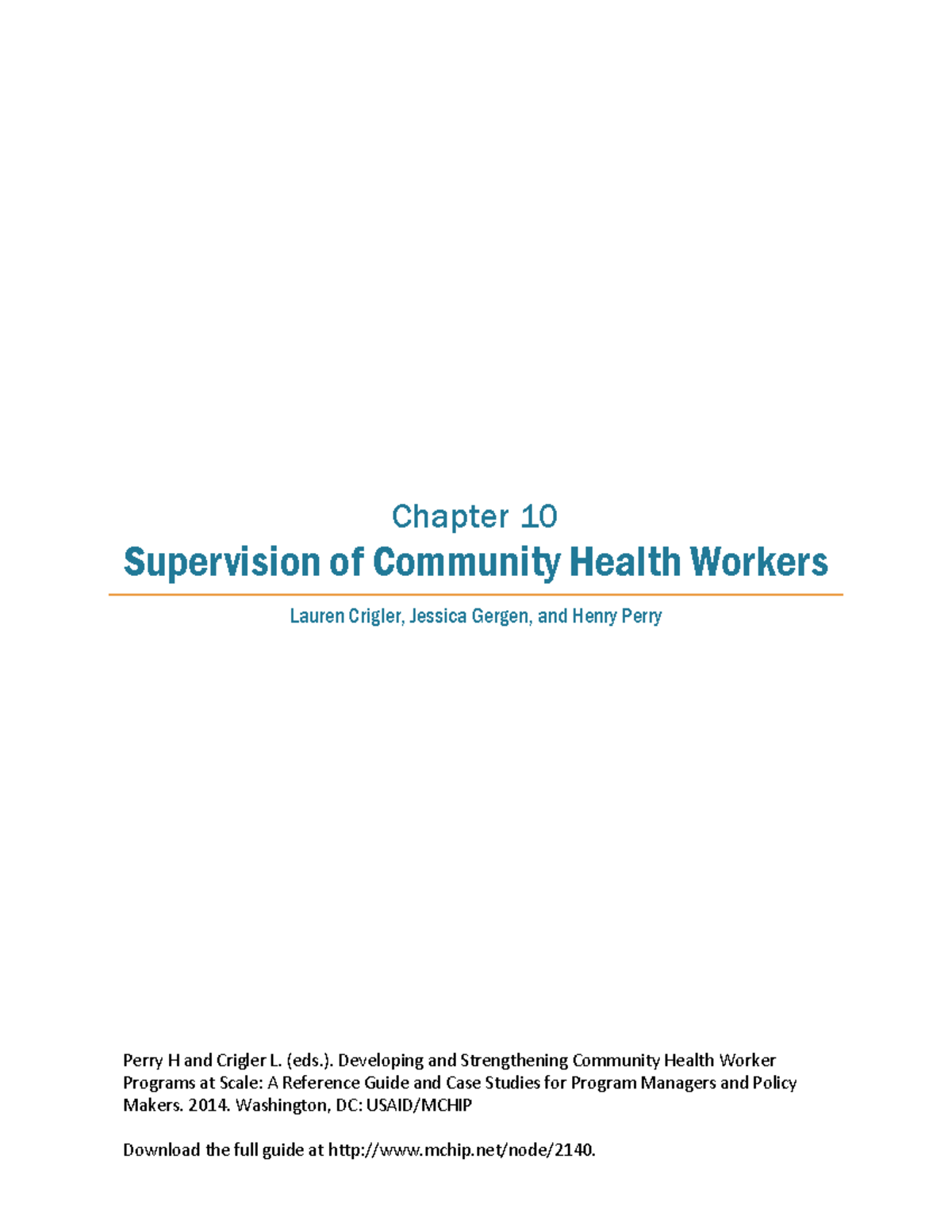 CHW Reference Guide Chapter 10 Supervision of Community Health Workers ...
