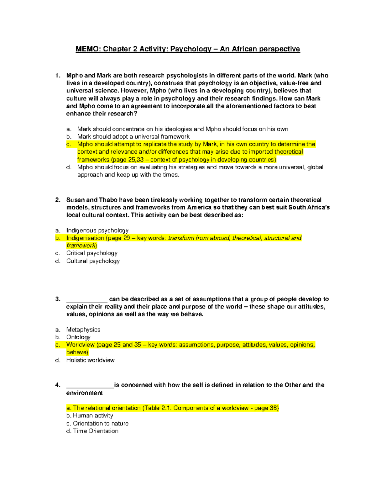 Memo Chapter 2 Activity An African Perspective - MEMO: Chapter 2 Activity: Psychology – An ...