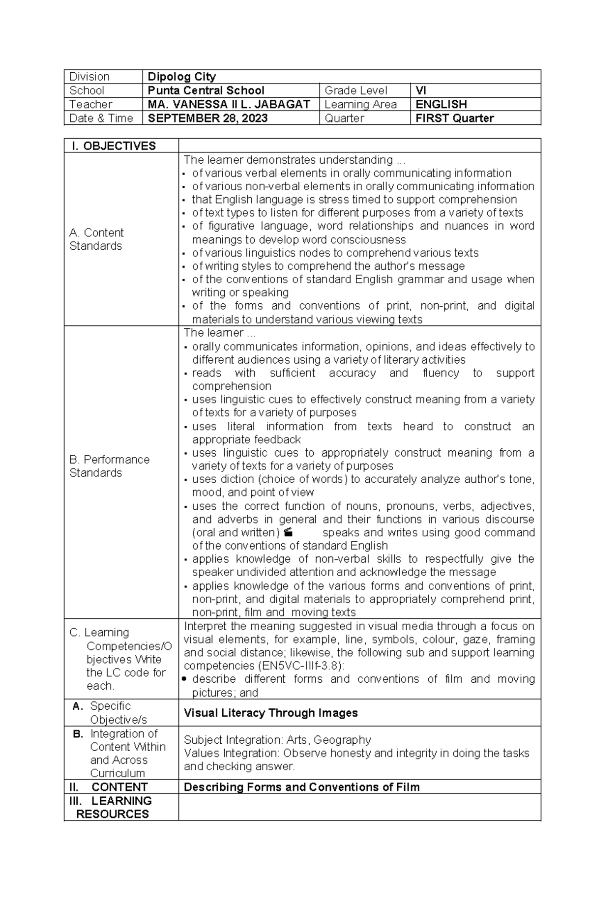 COT 1 Lesson Plan - Division Dipolog City School Punta Central School ...