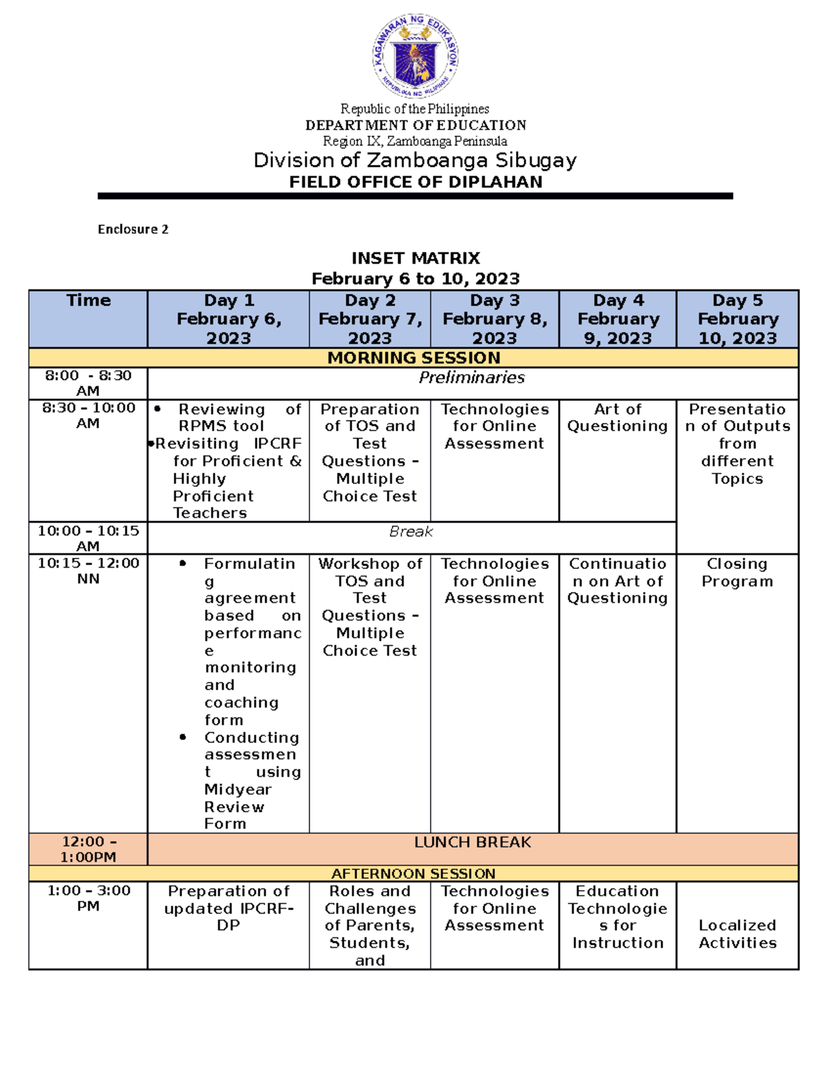 Training Matrix Sxssaxadwklan Republic Of The Philippines