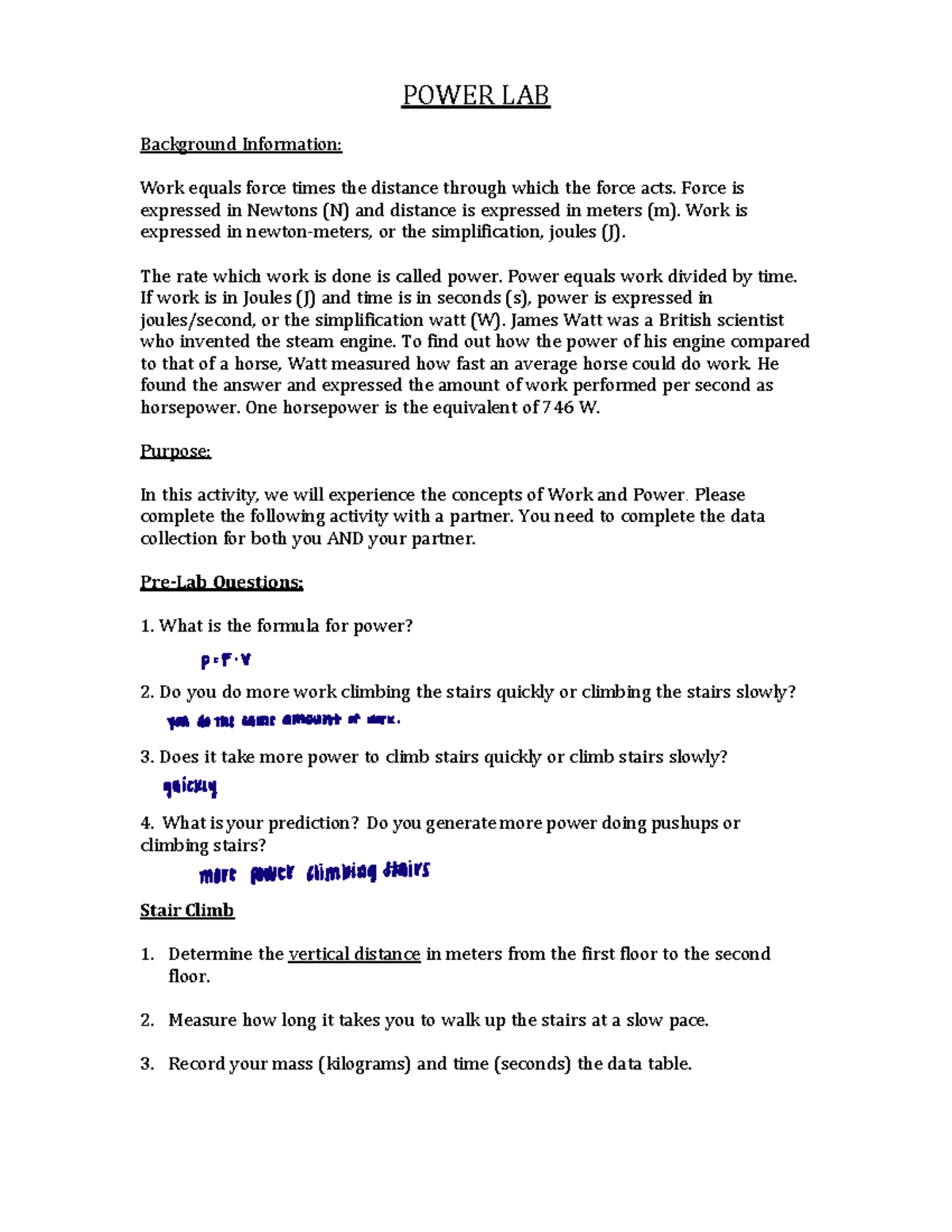 Power Science lab 2 - POWER LAB Background Information: Work equals ...