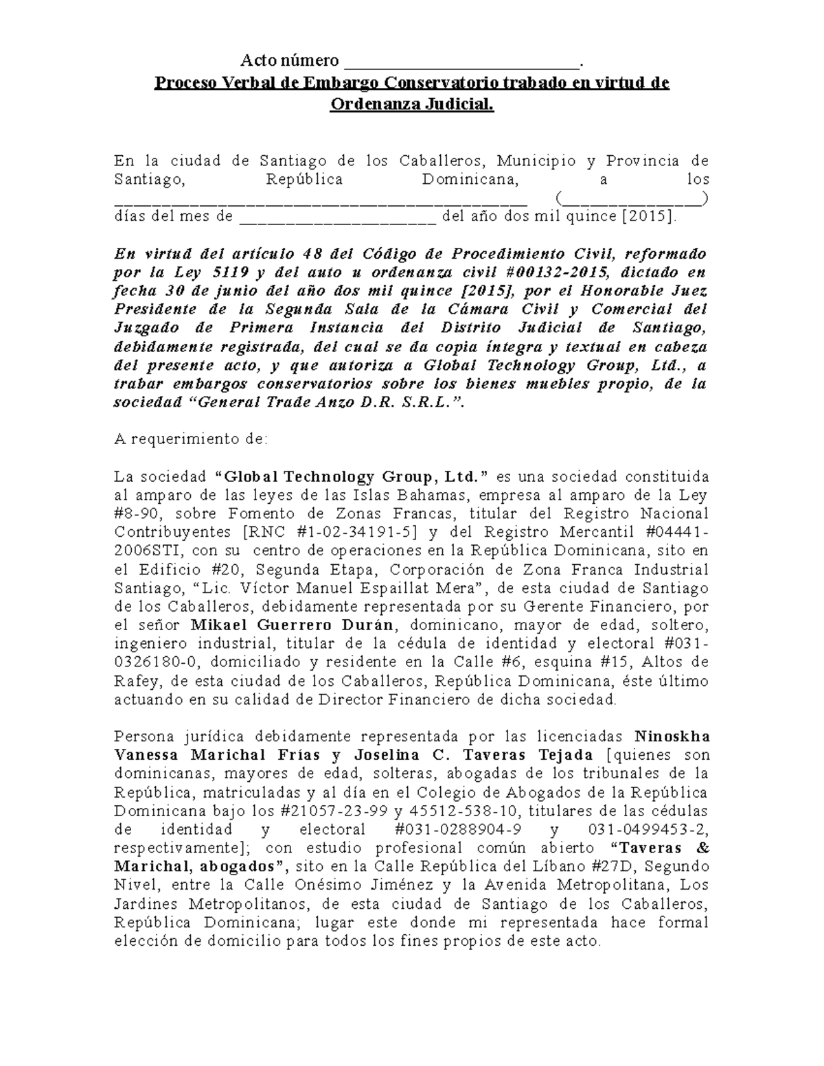 Embargo Conservatorio - Acto número _________________________. Proceso ...