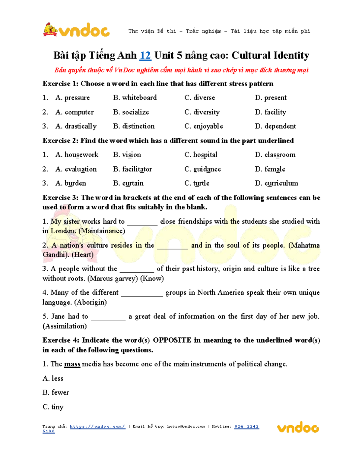 Bai tap tieng anh 12 unit 5 nang cao cultural identity - Trang chủ: h t t p s : / / v n d o c. c ...