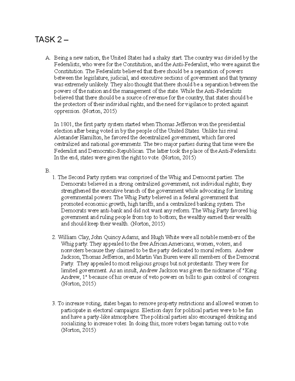 Task 2 - The Early Republic and the American Civil War - 2 - TASK 2 – A ...