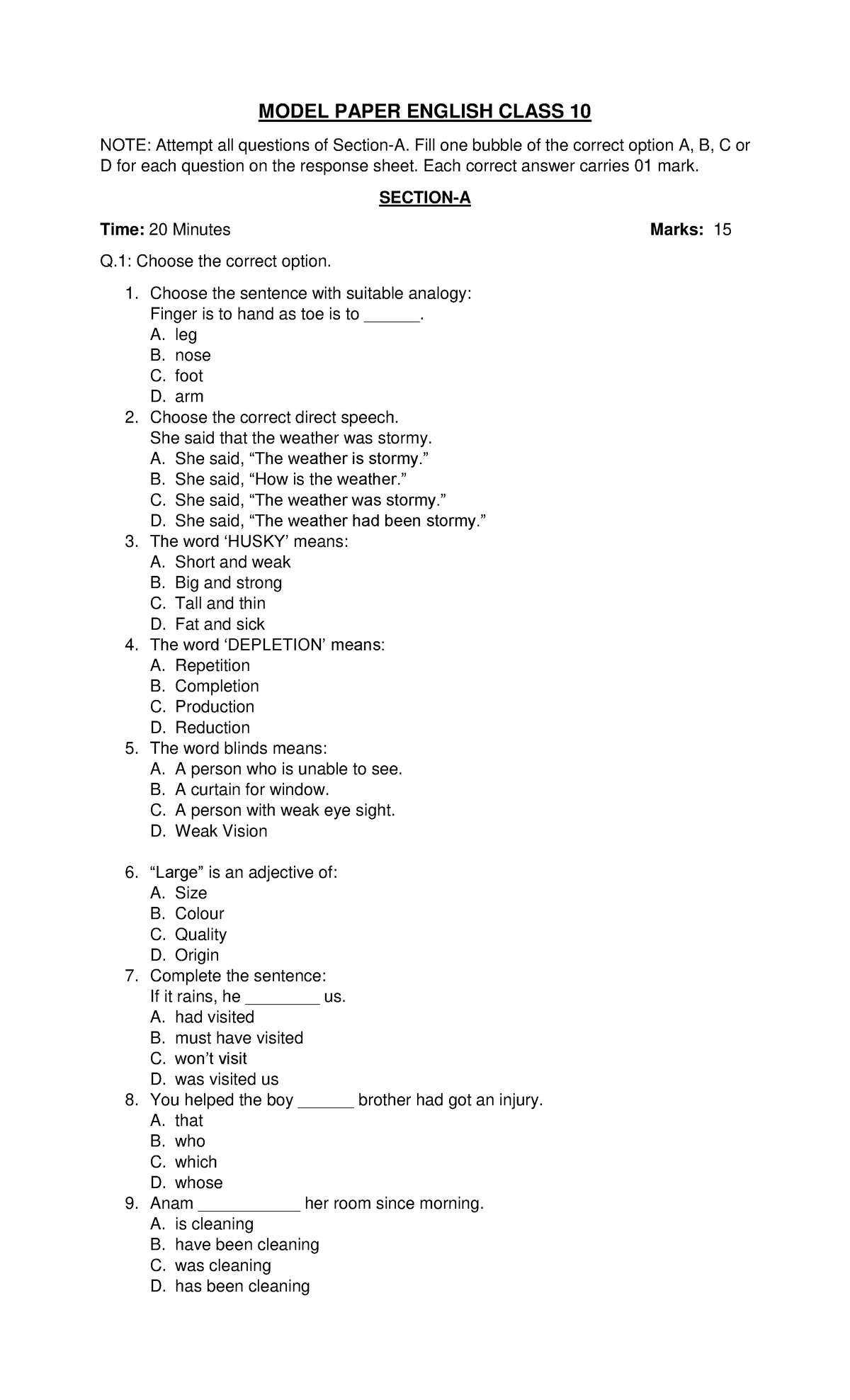 English 10th paper - MODEL PAPER ENGLISH CLASS 10 NOTE: Attempt all ...