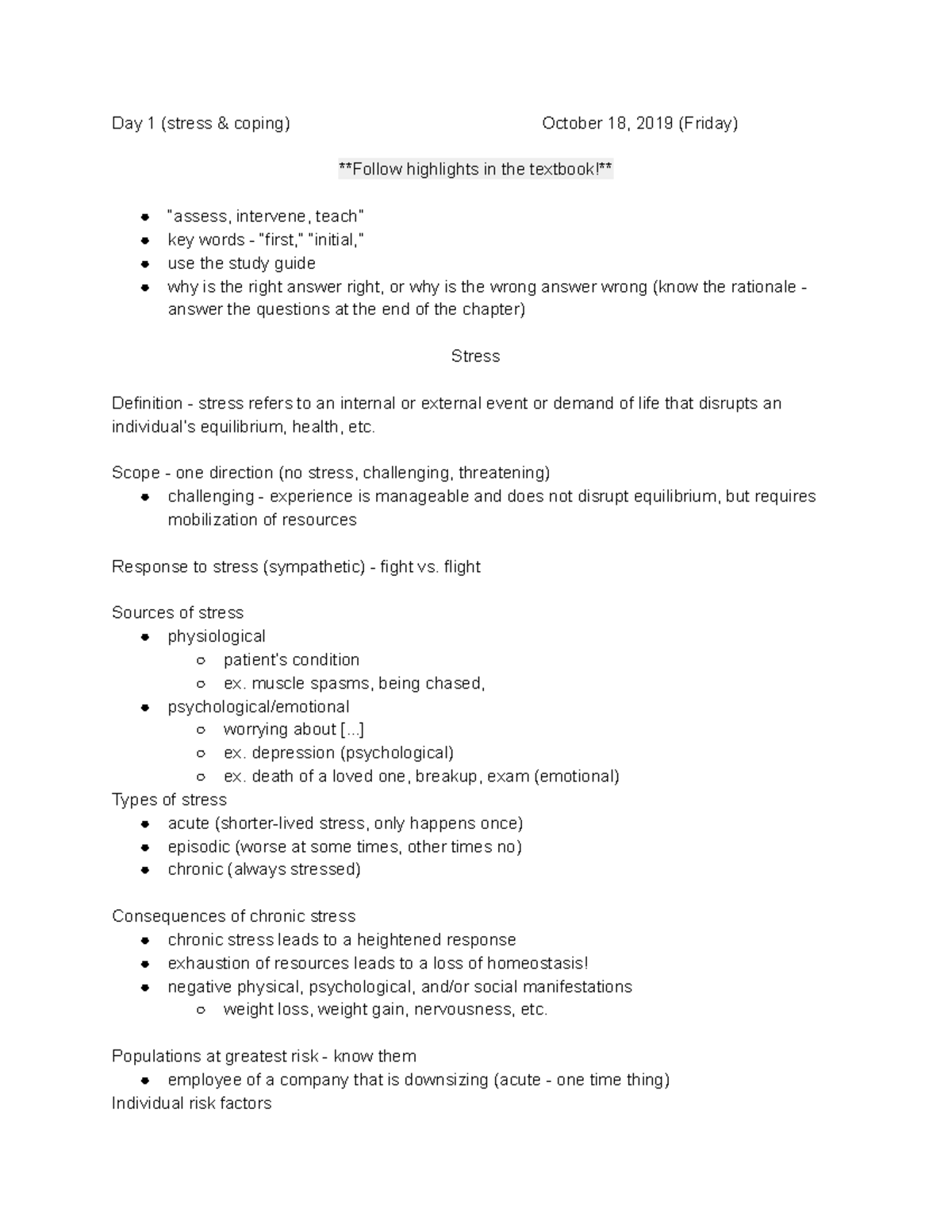 Exam 1 NUR 325 - lecture notes for first exam - Day 1 (stress & coping ...