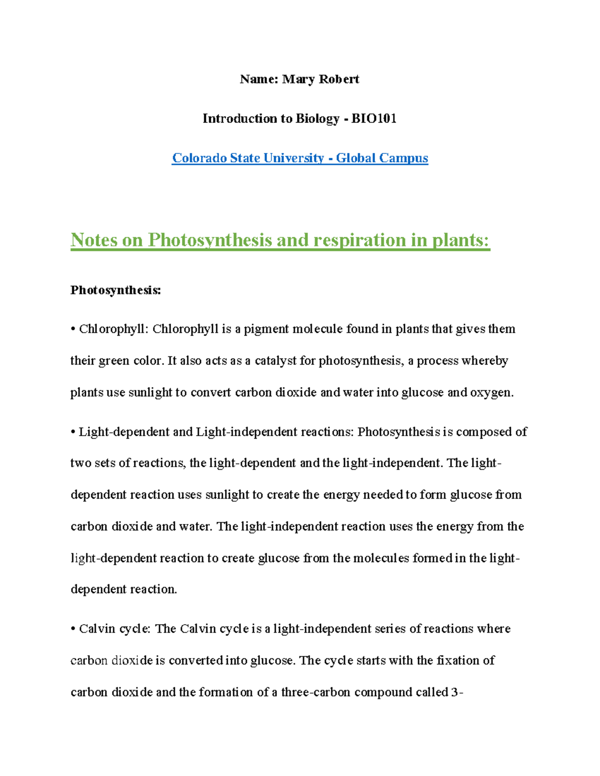 Photosynthesis and respiration in plants - Namе: Mary Robert ...