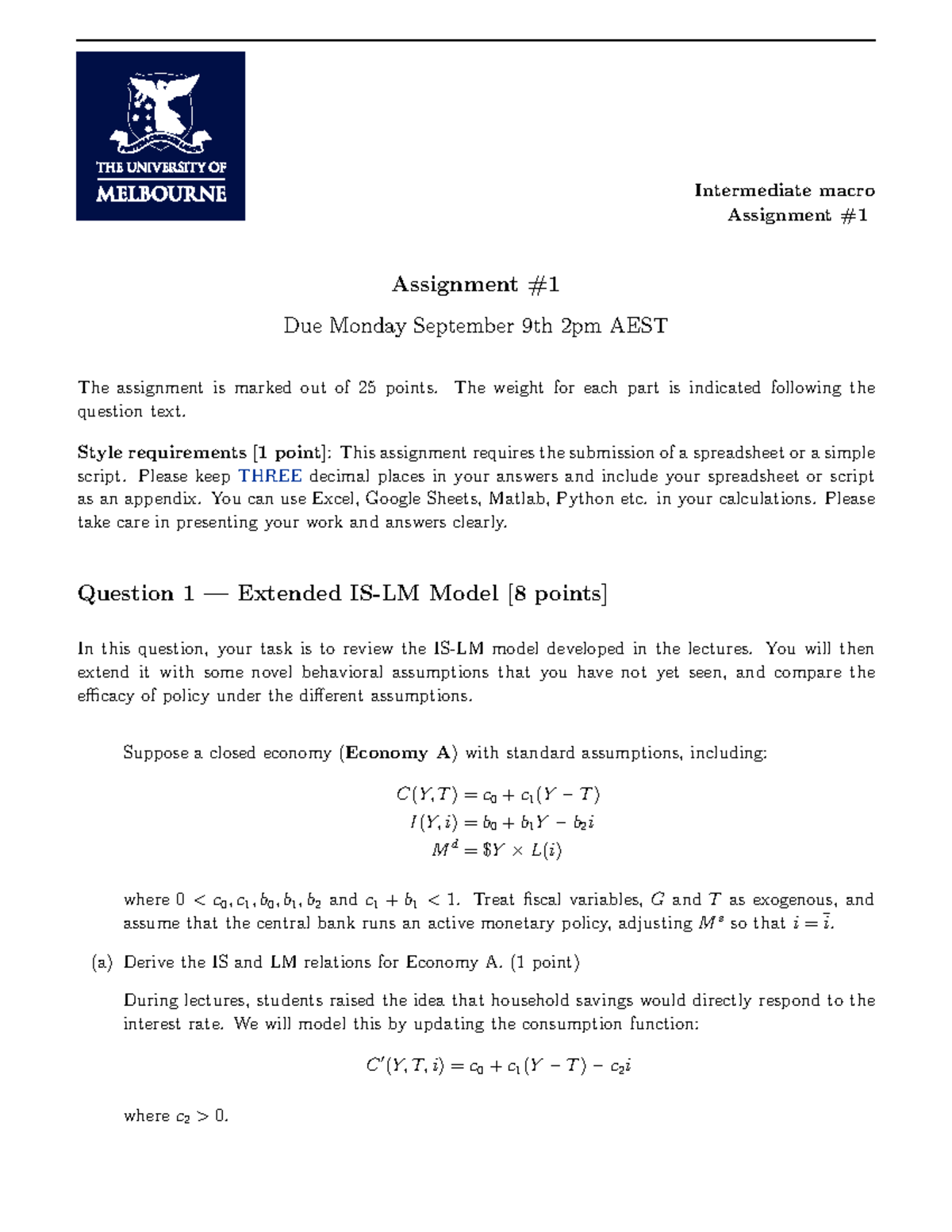 ECON2000 1 - Assignment 1 Solutions - Intermediate macro Assignment # Assignment Due Monday ...
