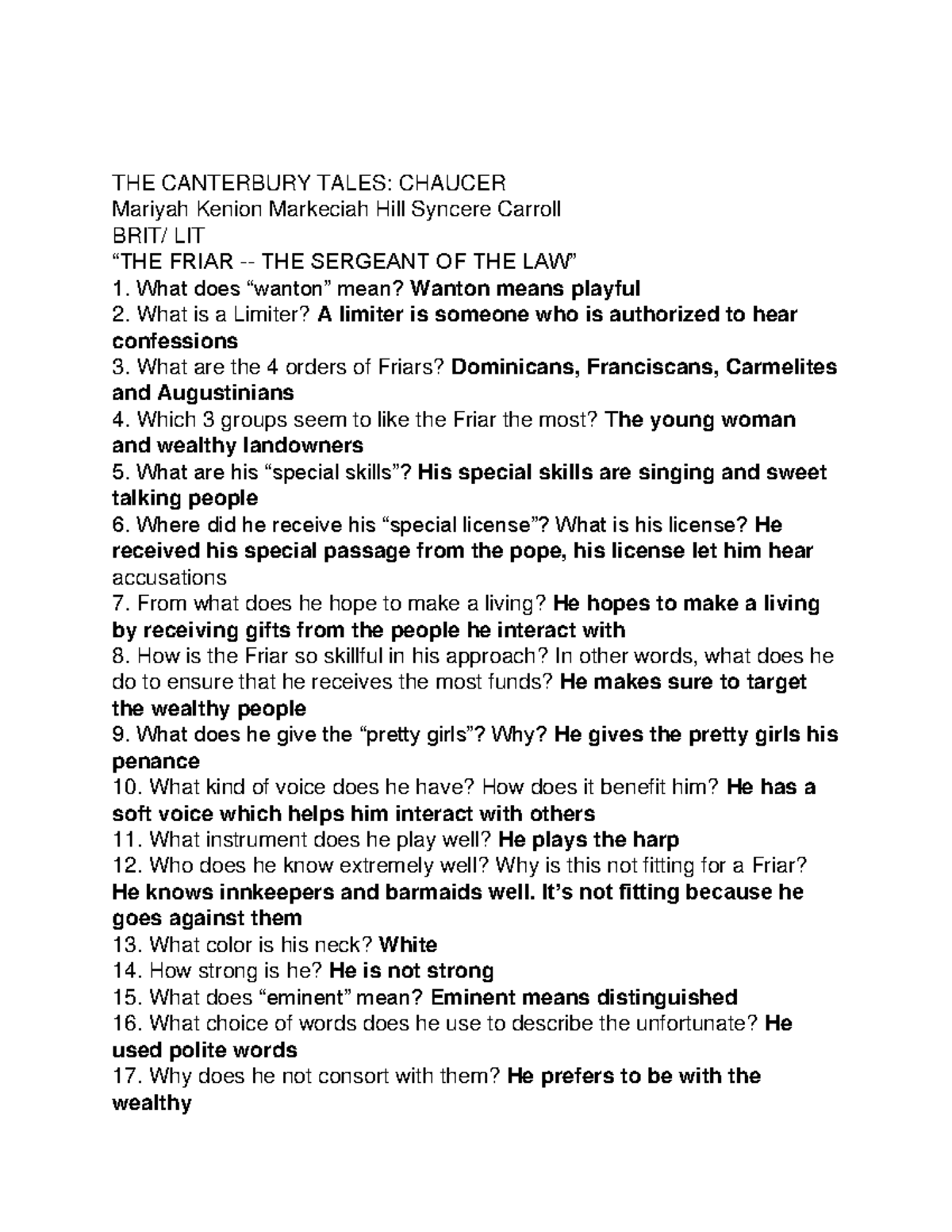 The Canterbury Tales Analysis of characters remainder of Prologue ...