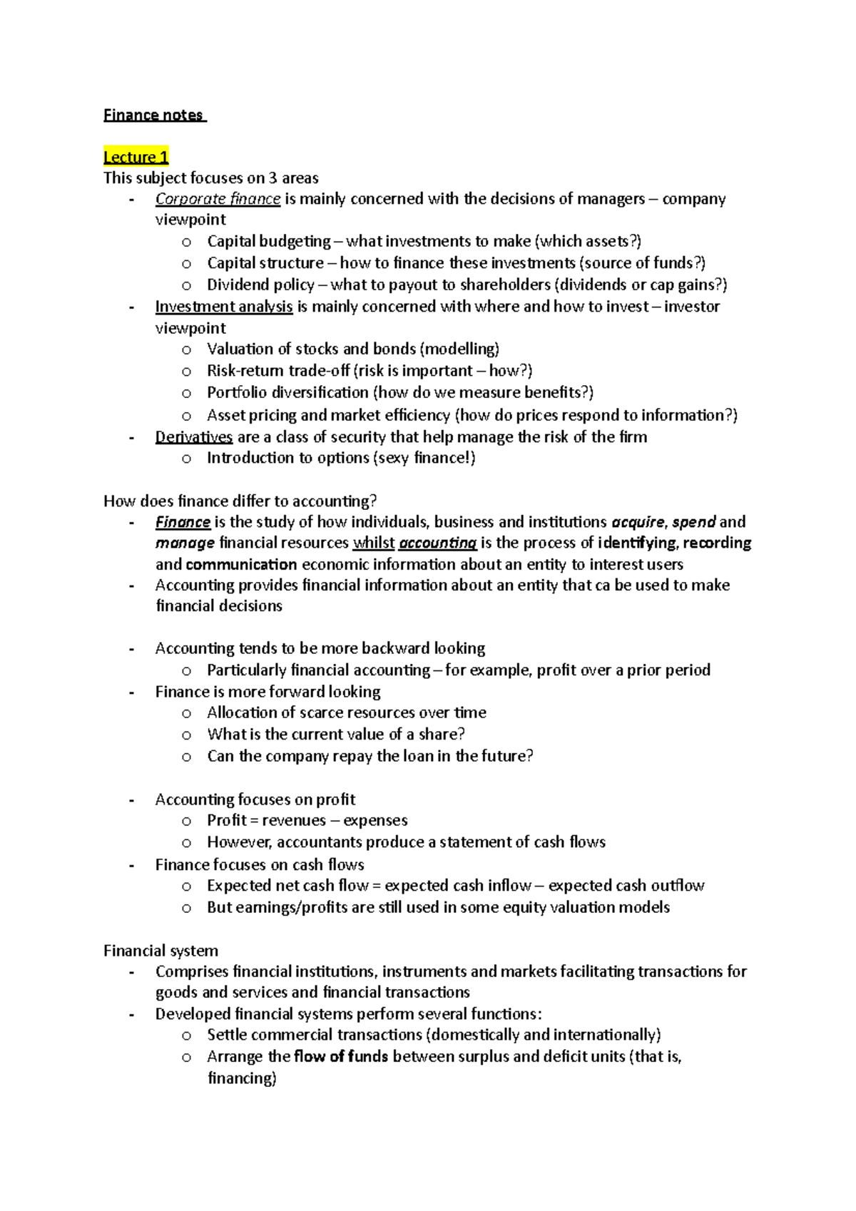 Principles of Finance notes - Finance notes Lecture 1 This subject ...