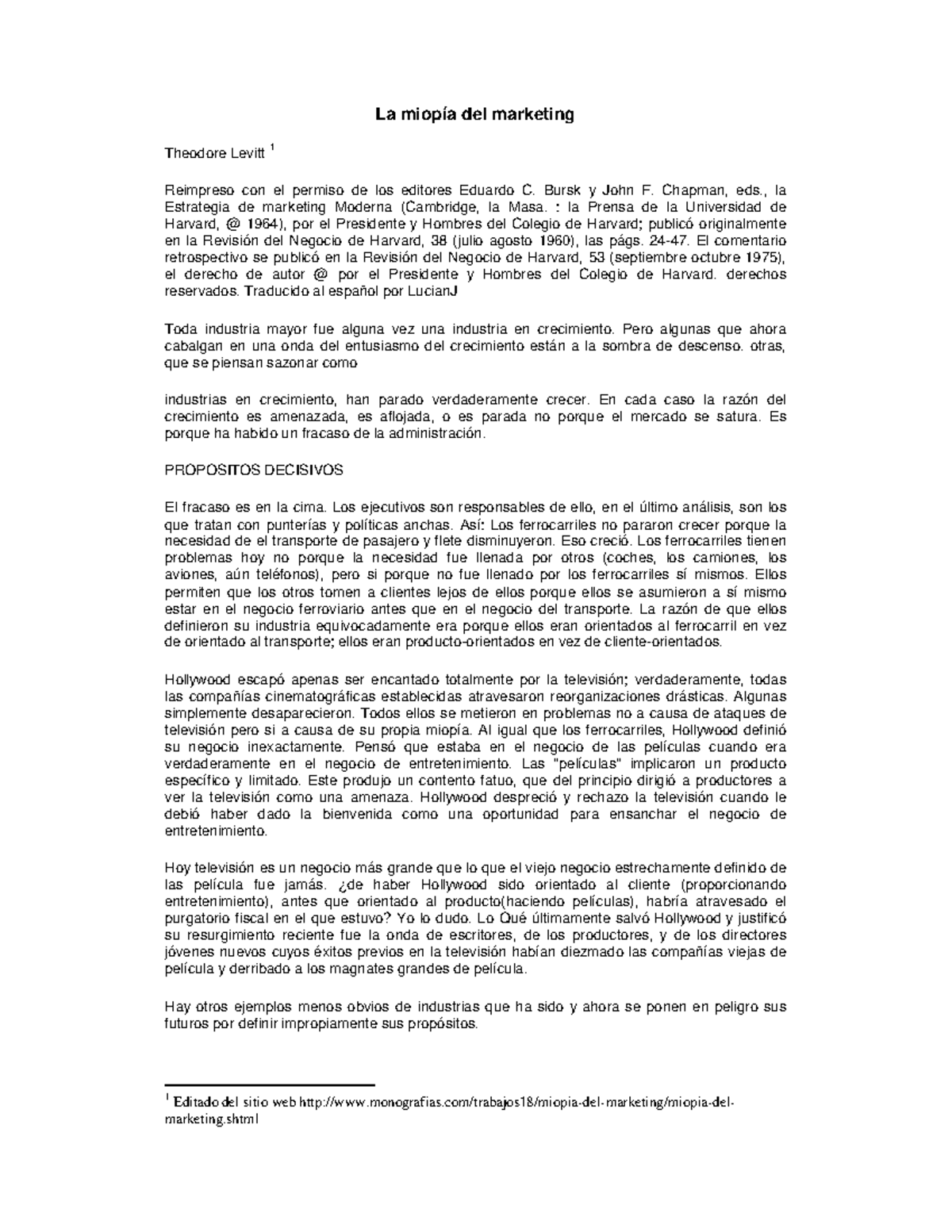 Miopia de Marketing Theodore Levitt - La miopía del marketing Theodore Levitt 1 Reimpreso con el ...