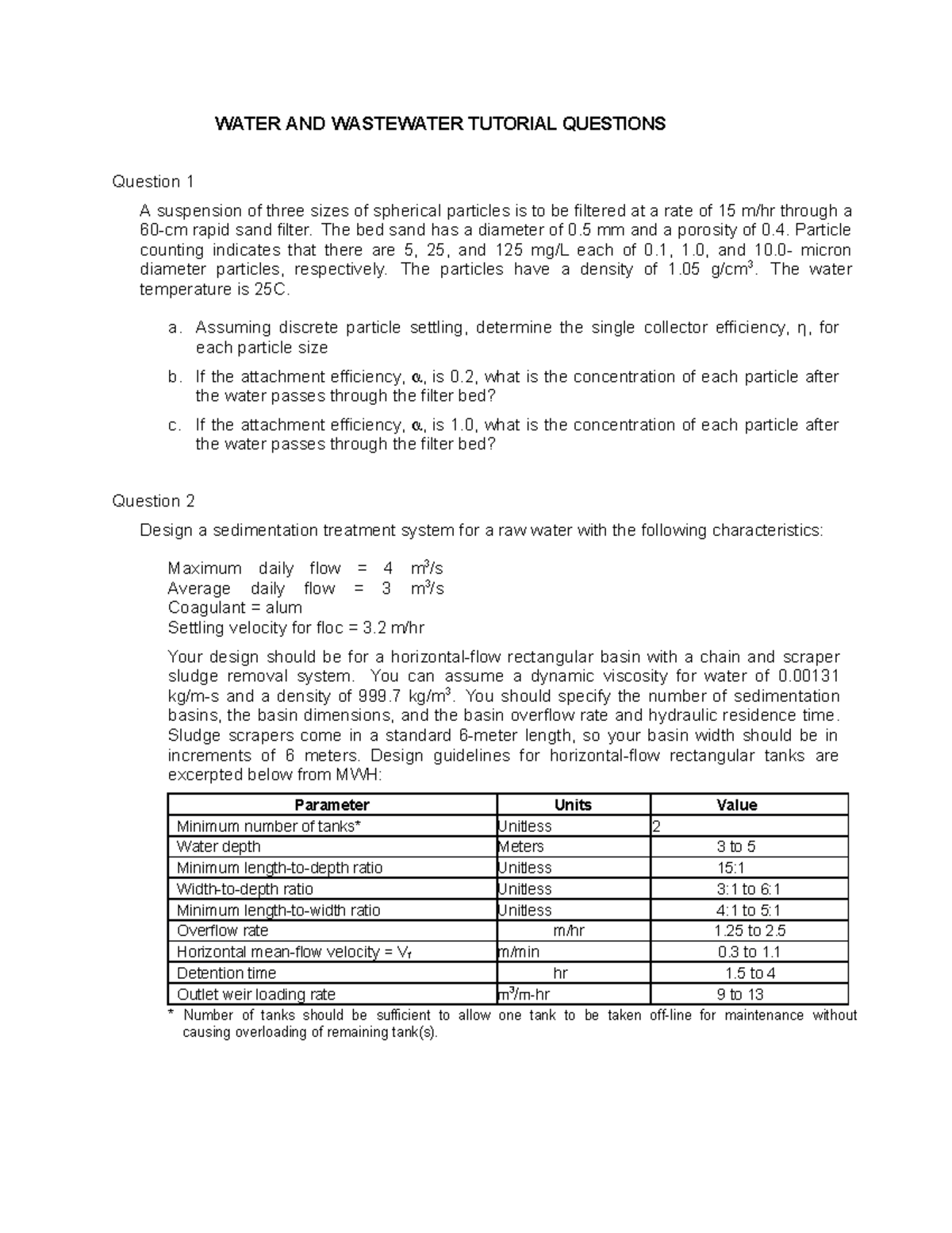Tutorial questions sedimentation 1 - WATER AND WASTEWATER TUTORIAL ...