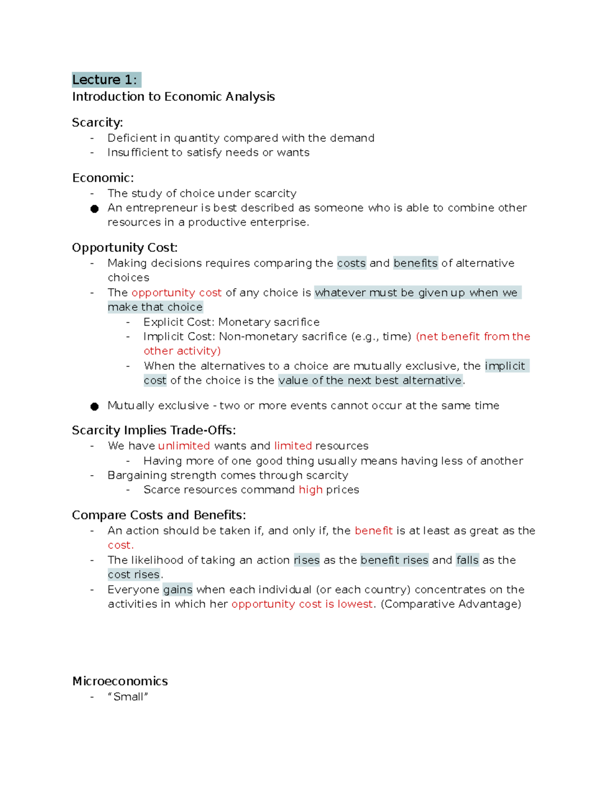 EC1101E Lecture 1-5 summary - Lecture 1: Introduction to Economic Analysis Scarcity: Deficient ...