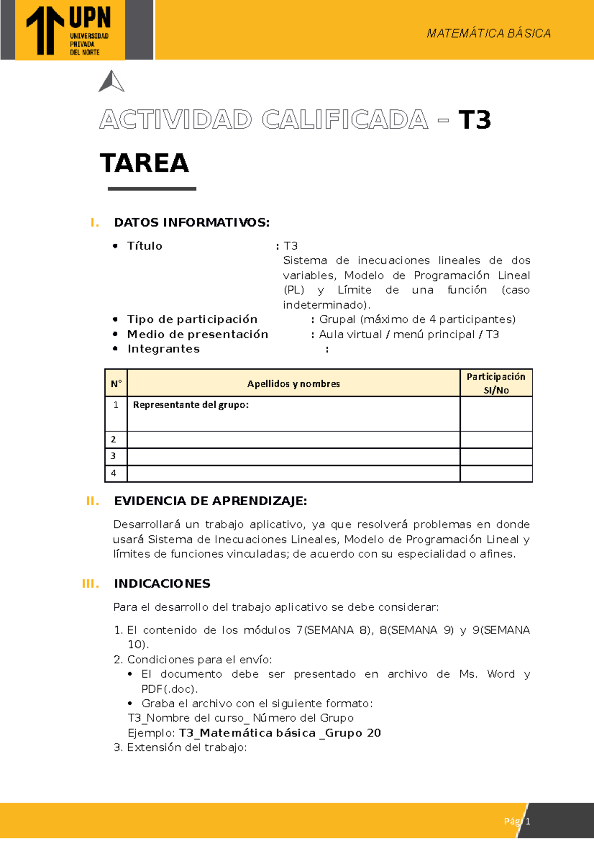 MATH - asdfds - ACTIVIDAD CALIFICADA – T TAREA I. DATOS INFORMATIVOS ...