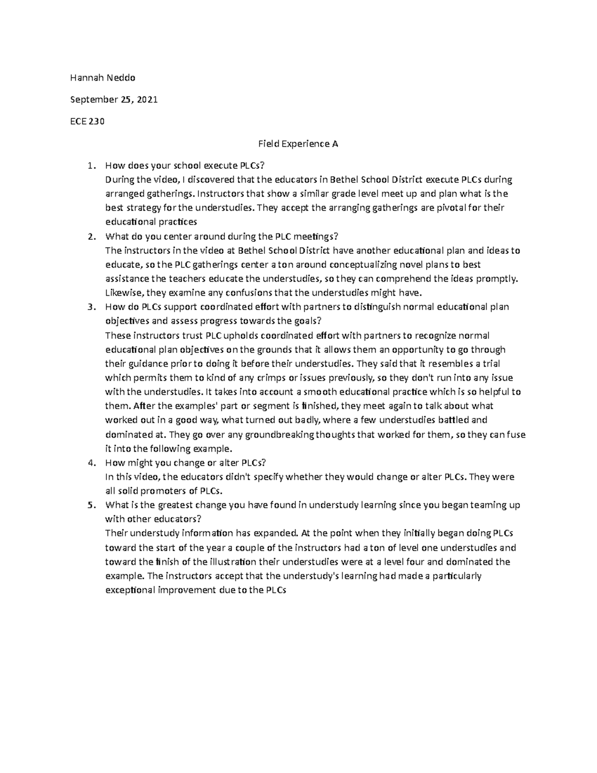 Field Experience Assignment essay learning - Hannah Neddo September 25 ...