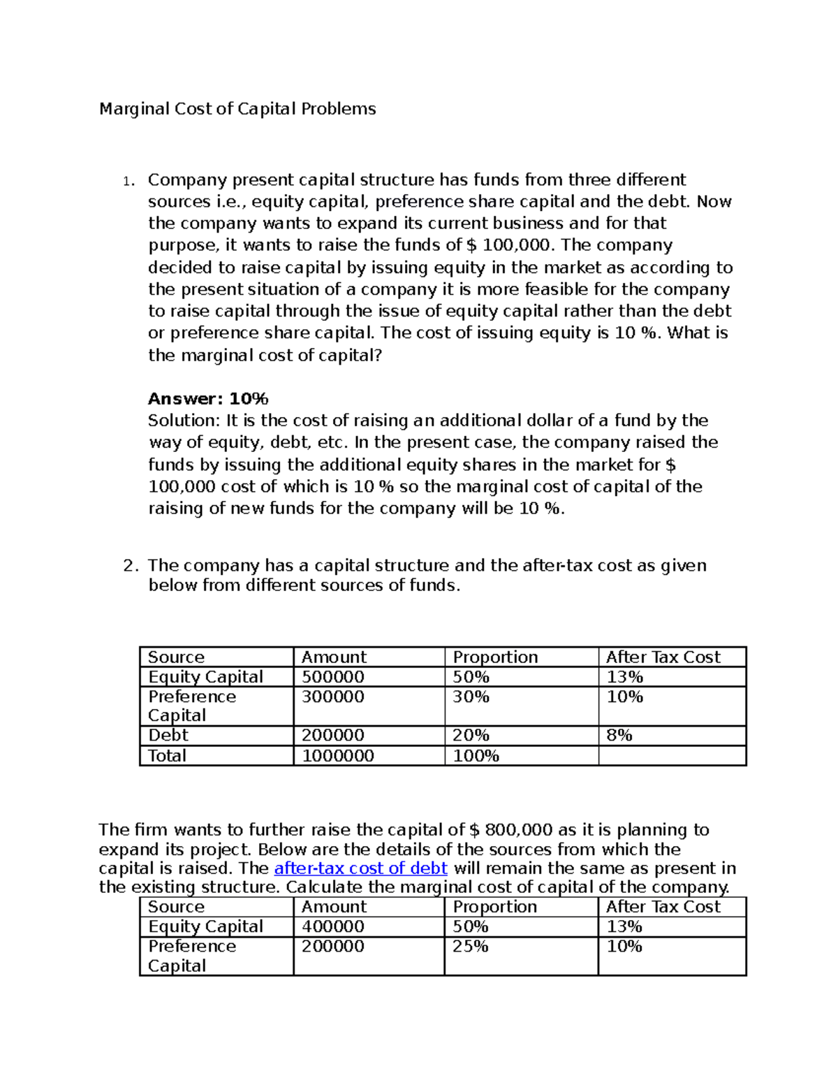 Marginal Cost of Capital Problems - Accounting Information System - TSU ...