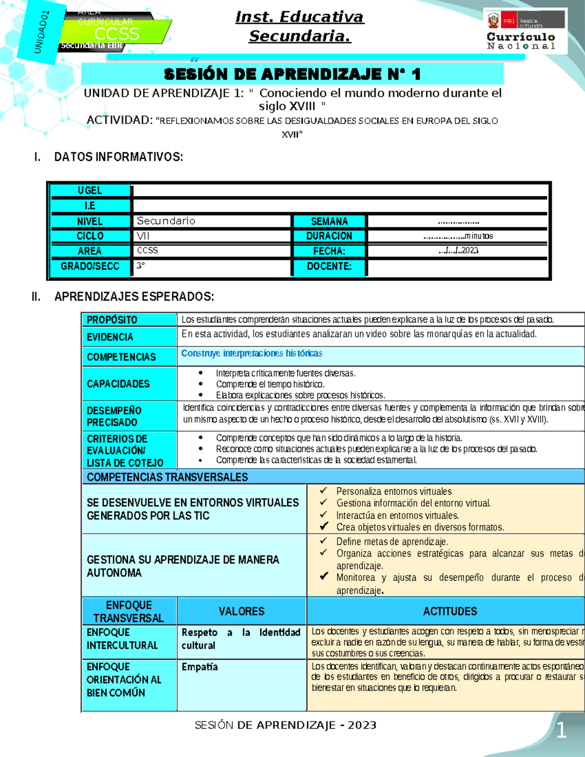 Sesion CCSS 3° SEC- Semana 01. - CCSS UNIDAD Secundaria EBR CURRICULAR Inst. Educativa ...