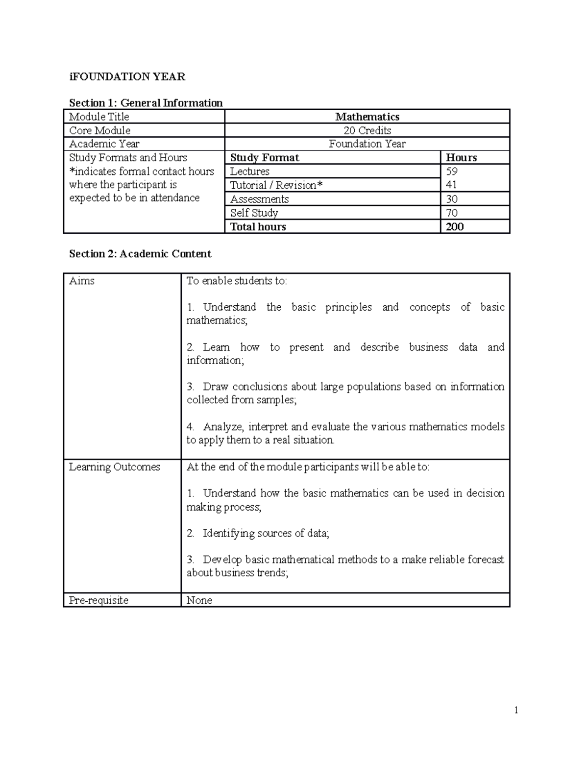 Foundation YEAR Maths Module Descriptor (2015 ) - iFOUNDATION YEAR ...