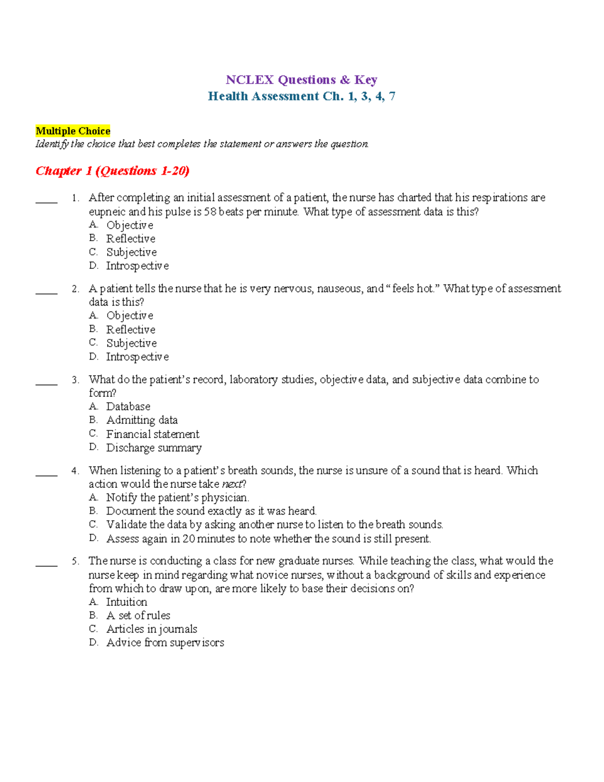 Nclex Questions and KEY 3160 Unit 1 - NCLEX Questions & Key Health ...