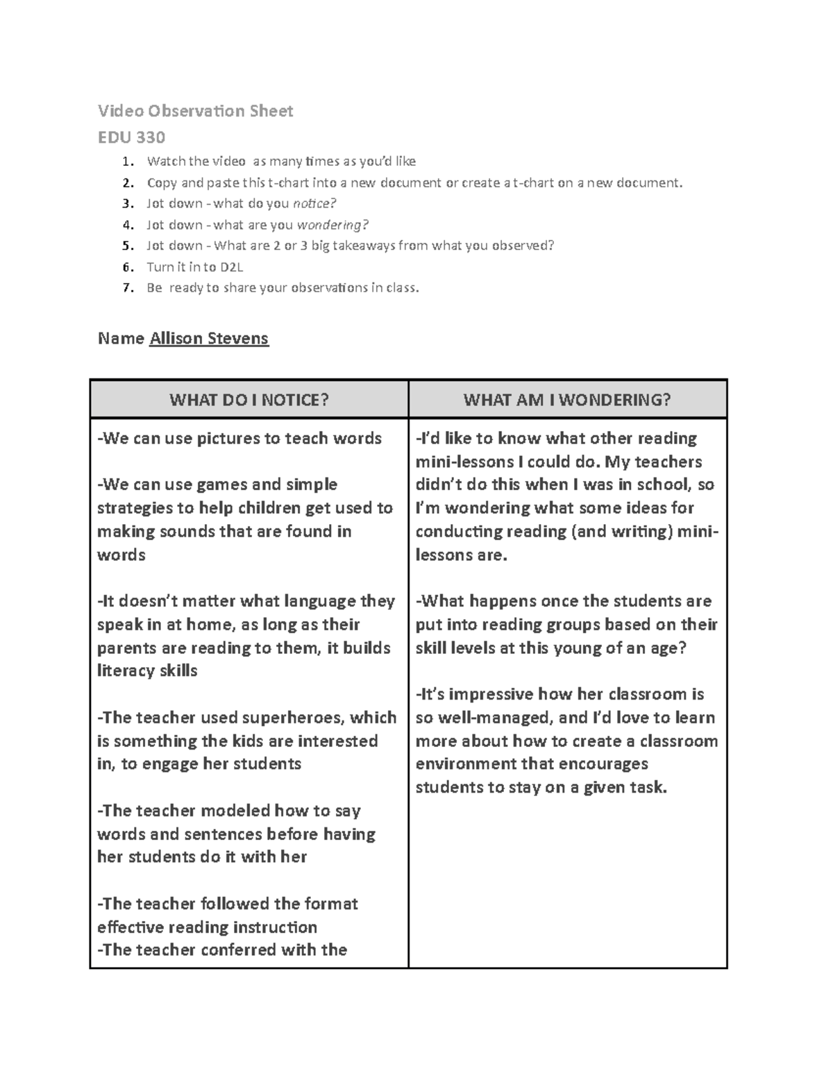 Reading Workshop in Kindergarten - Video Observation Sheet EDU 330 1 ...