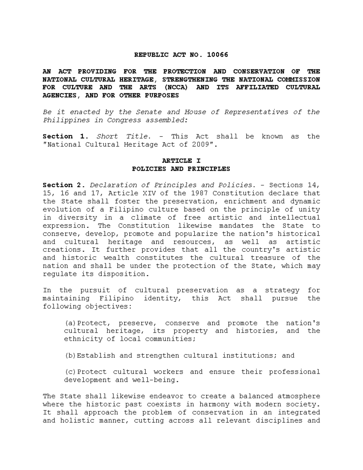 RA 10066 National Cultural Heritage Act 0f 2009 - REPUBLIC ACT NO ...