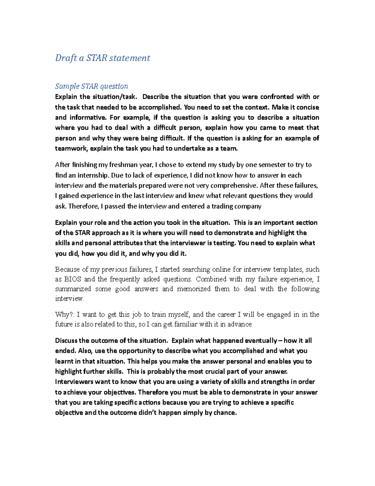 STAR Statement - A STAR is a structured way to respond to a question ...