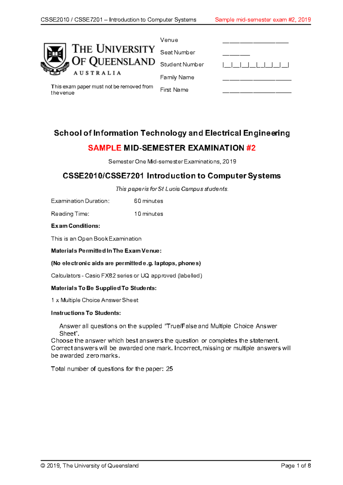 Midterm exam 2 January 2019 - CSSE2010 / CSSE7201Examinations, – Introduction 2015 to Computer ...